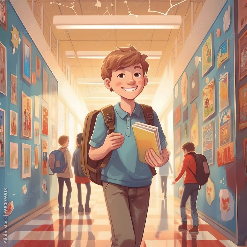 ภาพประกอบสต็อก Happy boy walking in a crowded school corridor with a ...