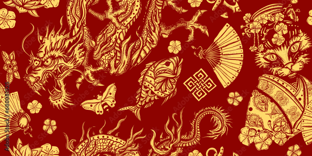 Japanese seamless pattern. Ancient China history and culture. Flying ...