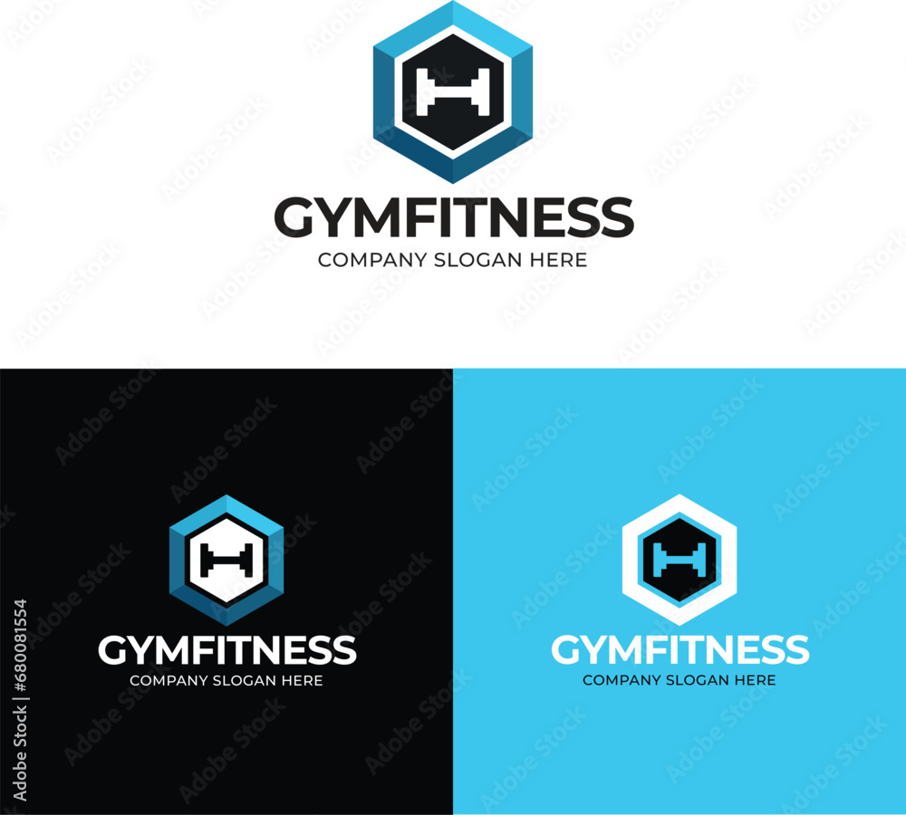 gym logo, fitness logo, healthy logo, dumbells logo, hexagon logo, fit ...