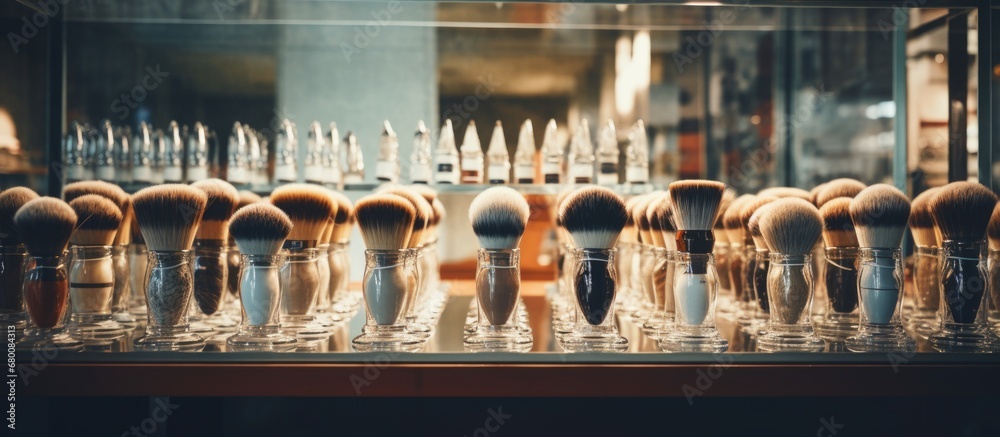 Male grooming accessories displayed in a beauty salon window rows of ...
