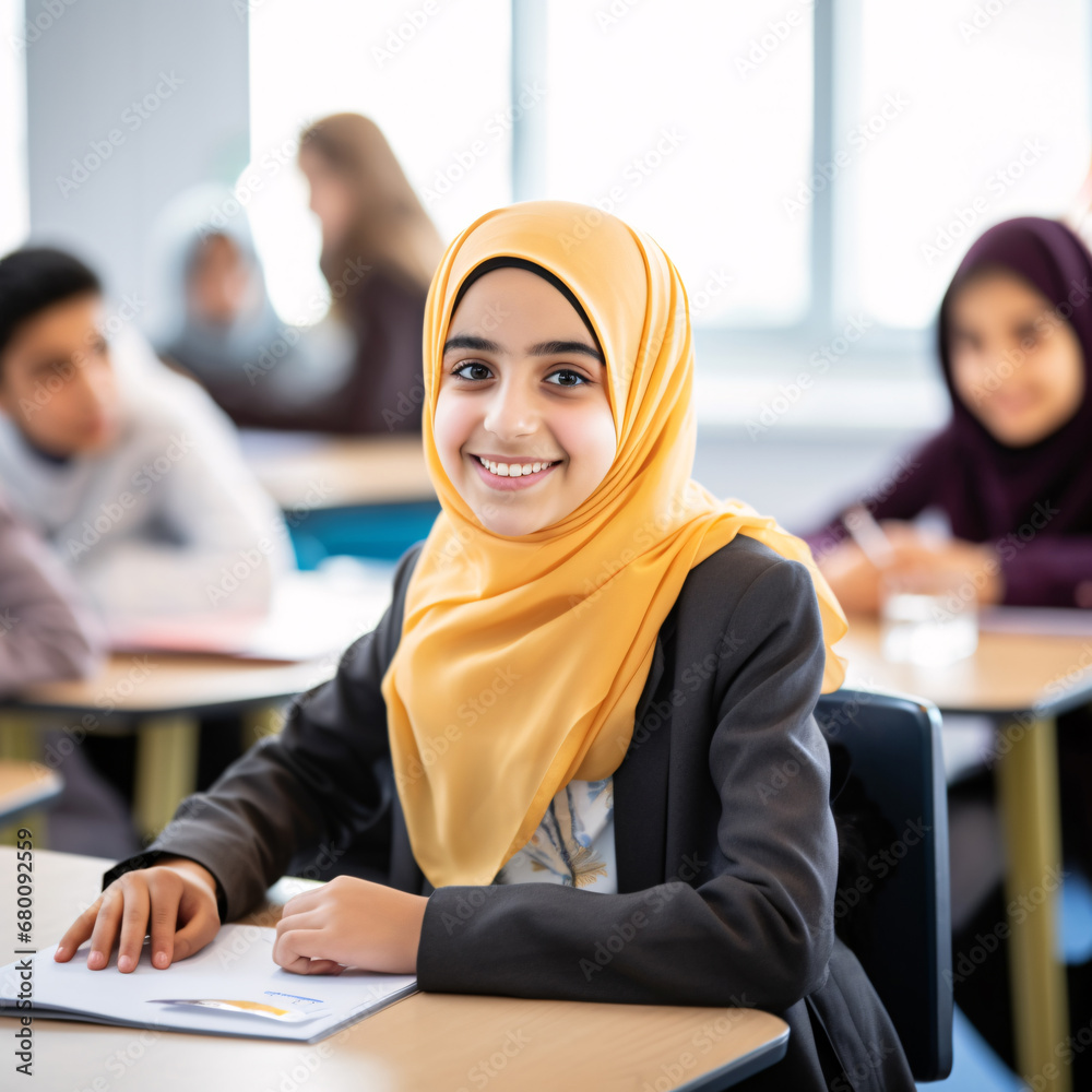 Smiling Arabic girl at school desk in modern classroom on International ...