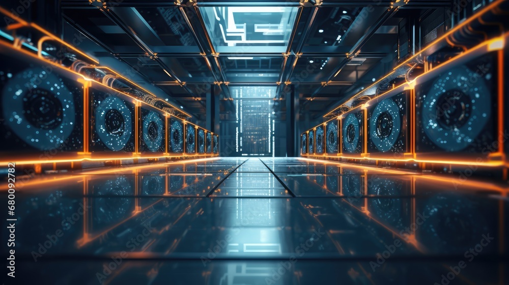 Cryptocurrency hub: Computer racks in a secure server room showcase ...