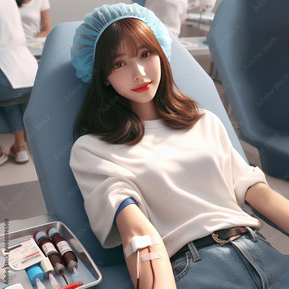 A young asian woman is donating blood in a medical facility. She is ...
