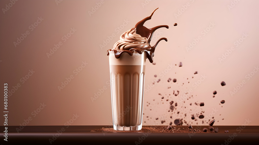 Chocolate dessert, cold milkshake splash on dark studio background ...