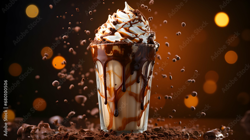 Chocolate dessert, cold milkshake splash on dark studio background ...