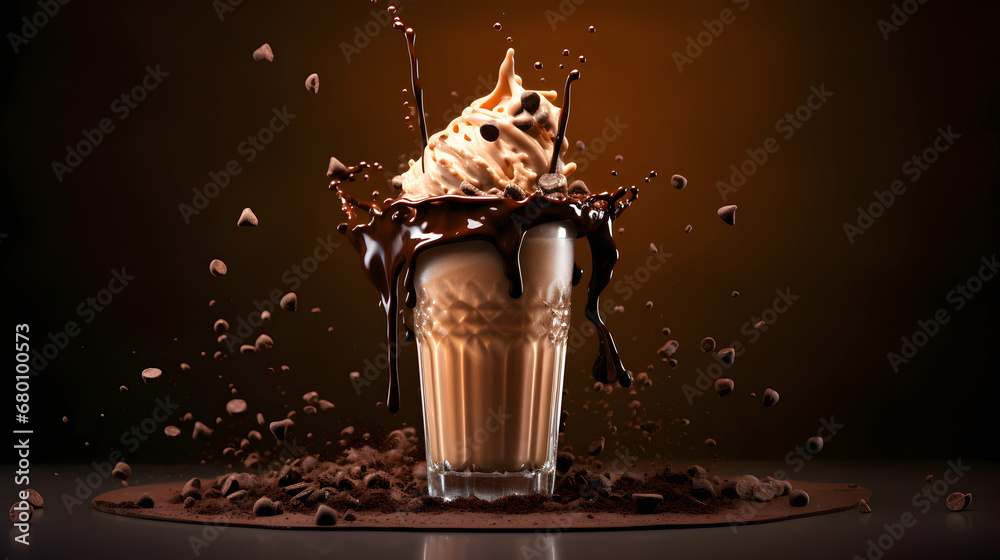 Chocolate dessert, cold milkshake splash on dark studio background ...