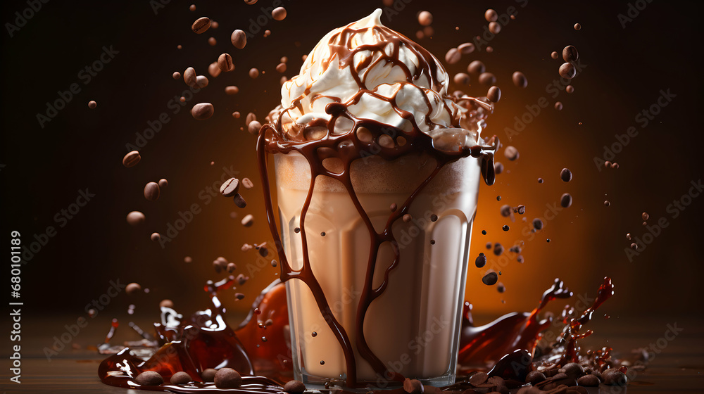 Chocolate dessert, cold milkshake splash on dark studio background ...