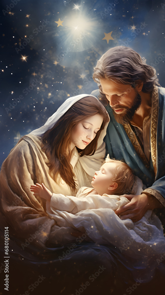 Christmas nativity scene with holy family and baby Jesus in the night ...