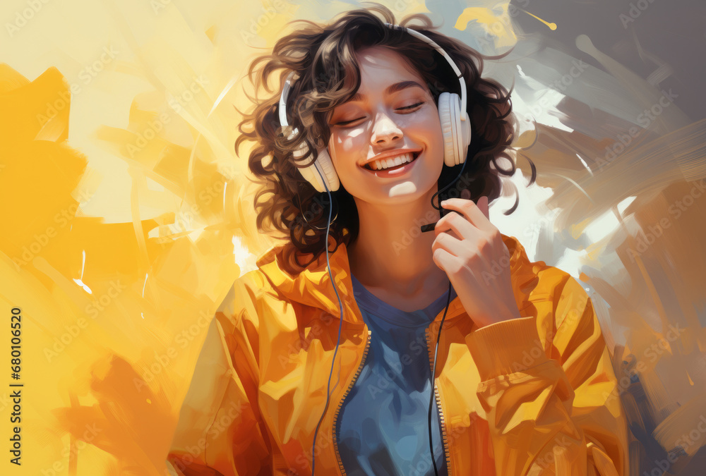 Woman listening to music with headphones and a smile on a yellow ...