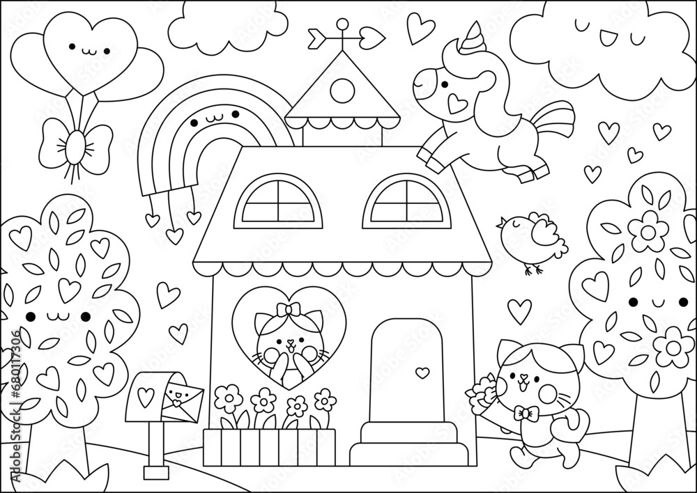 Vector black and white Saint Valentine day scene with cat family ...