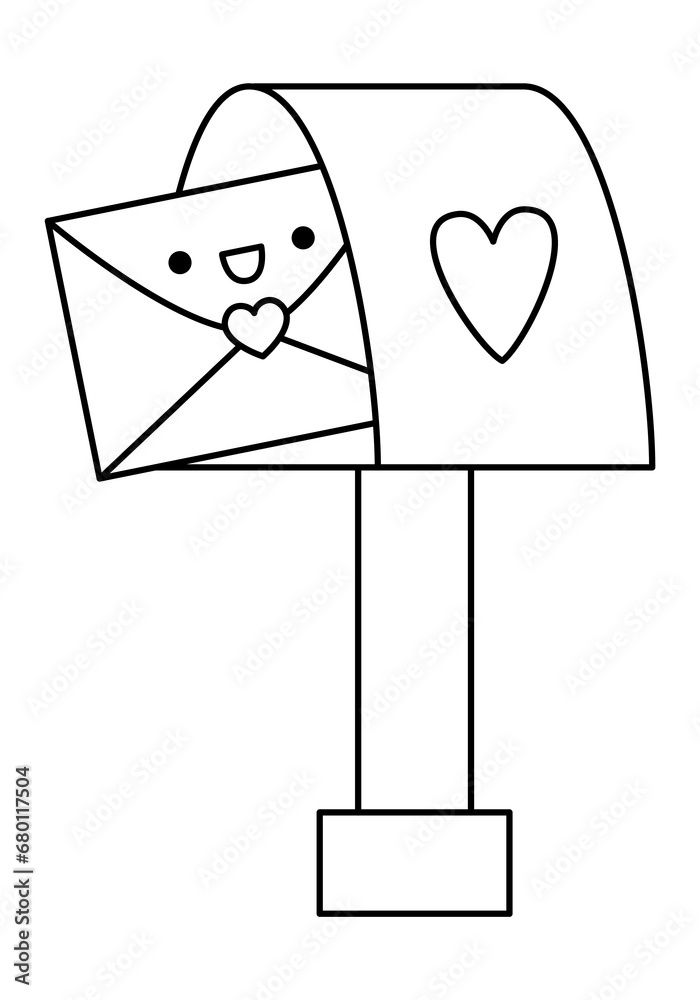 Vector black and white kawaii mail box with love letter icon. Line ...