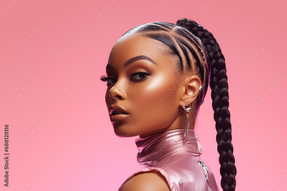 The portrait of an attractive young black female model in pink outfit ...