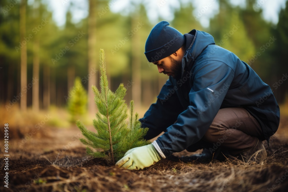 Man in blue jeans planting a small, green, needle tree outdoors. The ...