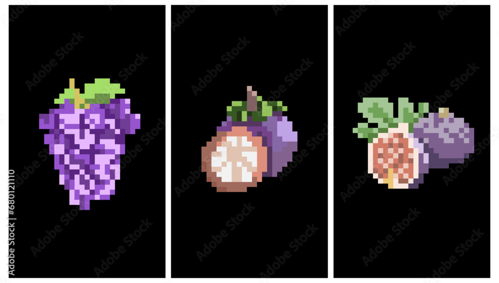 pixel art background fruit grape, mangosteen, fig card background 8 bit ...