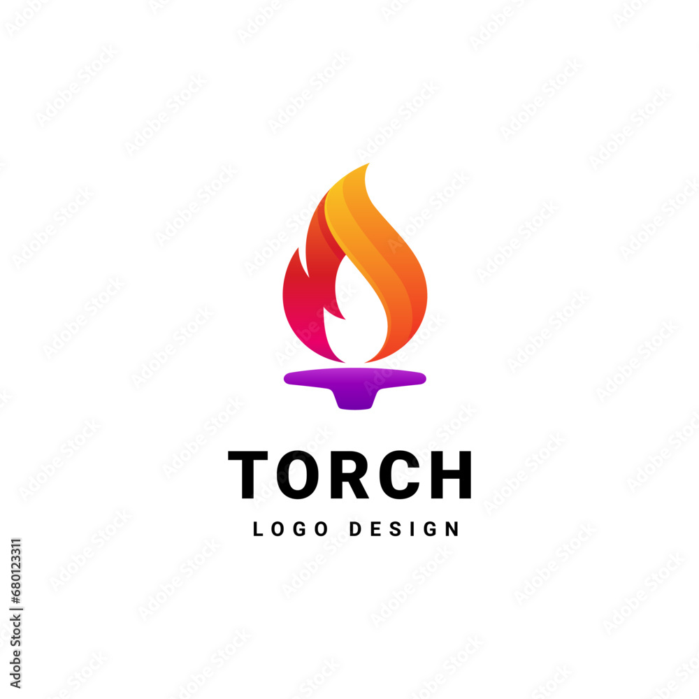 Torch with Burning Flame Logo Concept, icon symbol of power, victory, lighting, in color ...