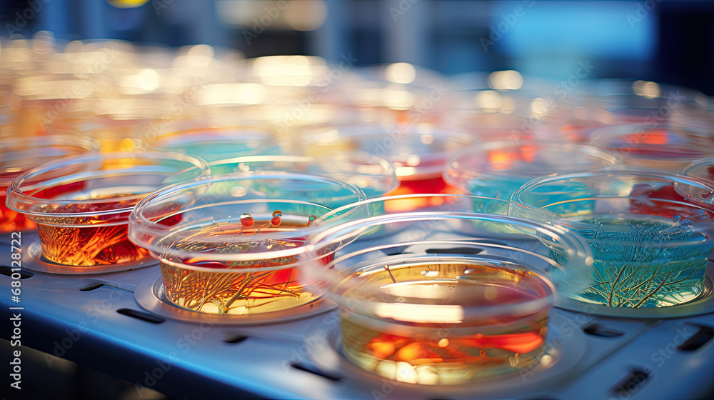 Petri dishes in a laboratory.Petri dish. Petri's cup with liquid ...