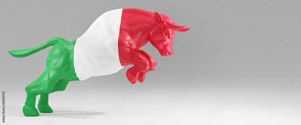 Horizontal banner of a bull with Italy flag on plain empty grey ...