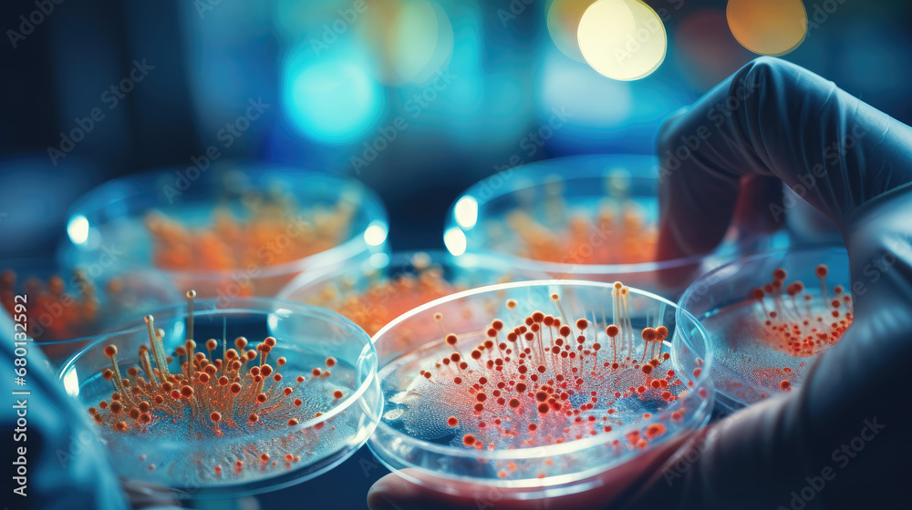 Scientist's hand holding the bacteria colonies growing petri dish over ...