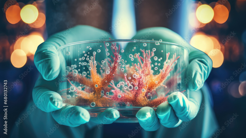 Scientist's hand holding the bacteria colonies growing petri dish over ...