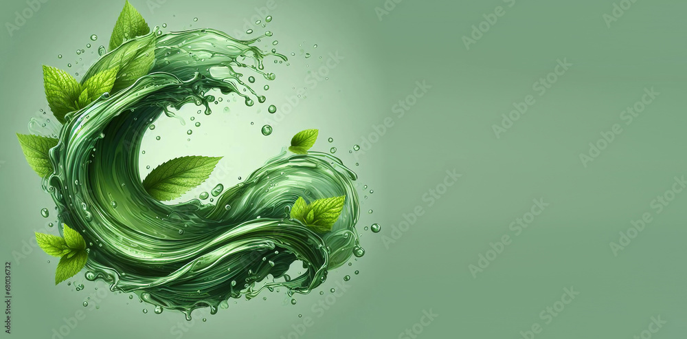 Herbal tea drink wave splash with green tea leaves and water flow ...