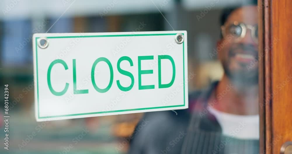 Door closed sign, smile and restaurant man, small business owner or ...