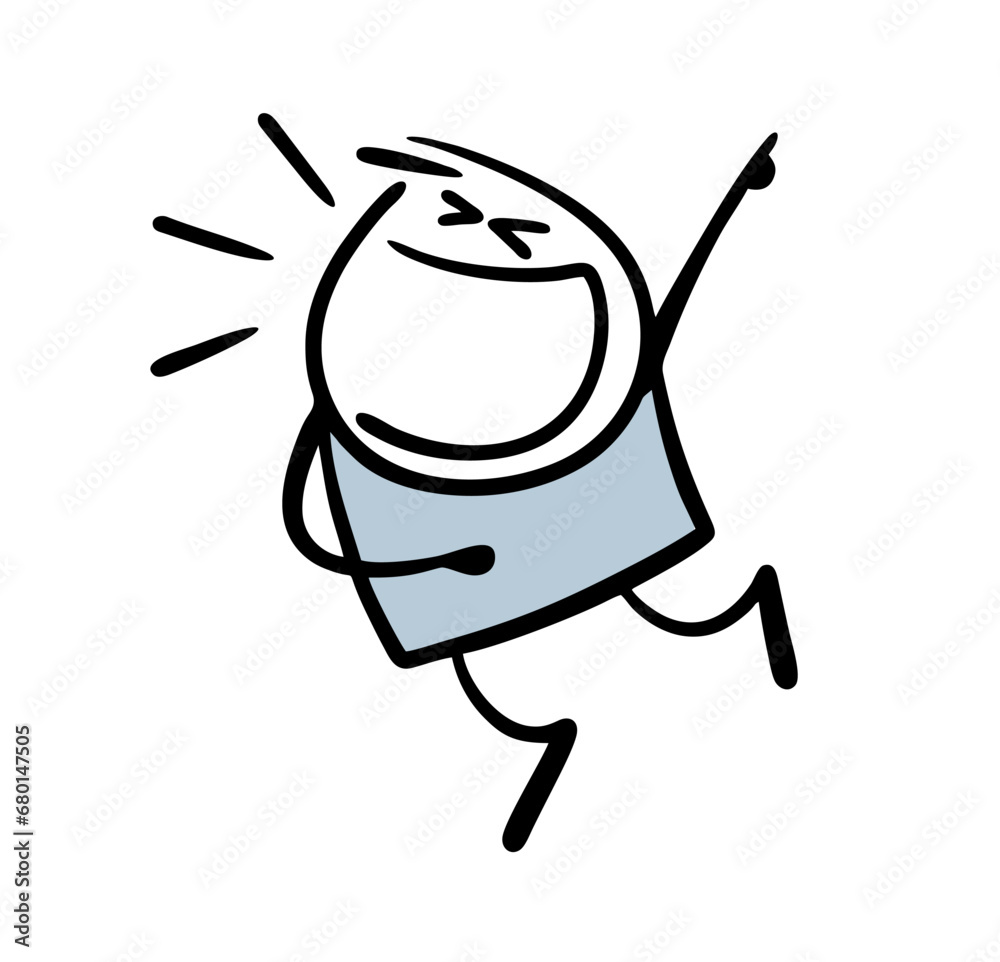Funny little stickman boy, jumping, laughing, yelling and pointing ...