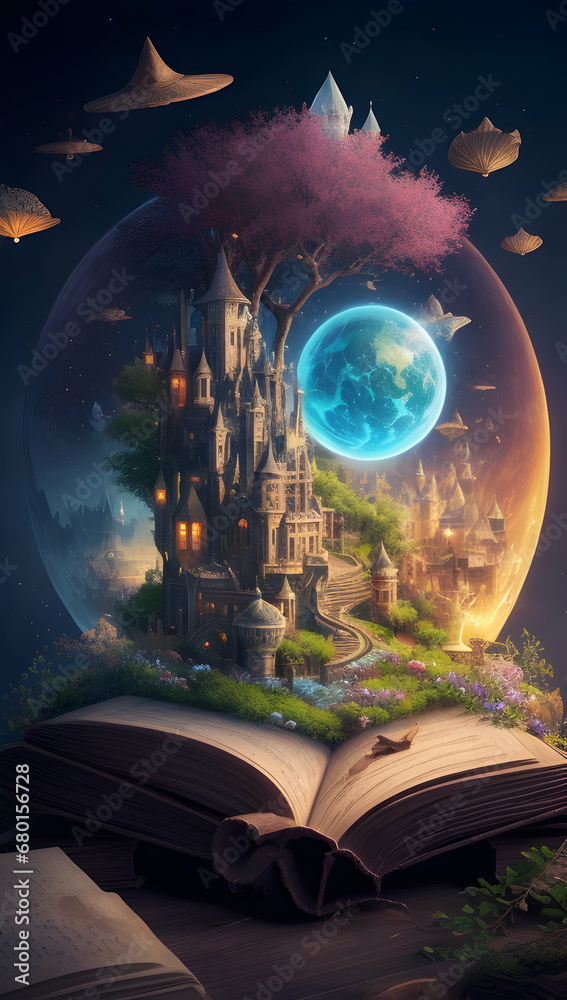 open book magical world coming out of it, reading concept to ignite ...