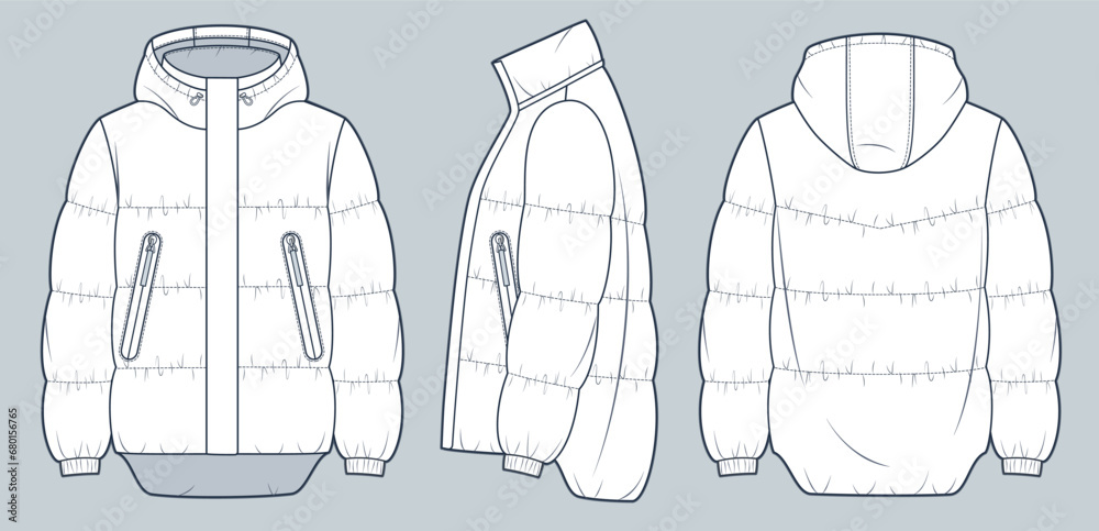Puffer Jacket technical fashion Illustration. Hooded down Jacket, Coat ...