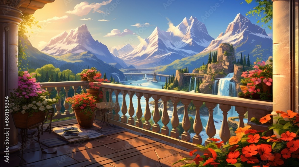 Majestic mountain peaks overlook serene river, lush forest, vibrant ...