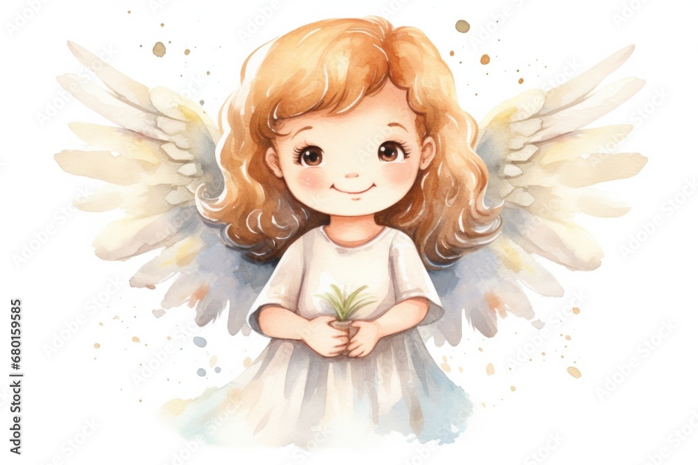 Child angel with radiant face and flowing brown hair, wings spread ...