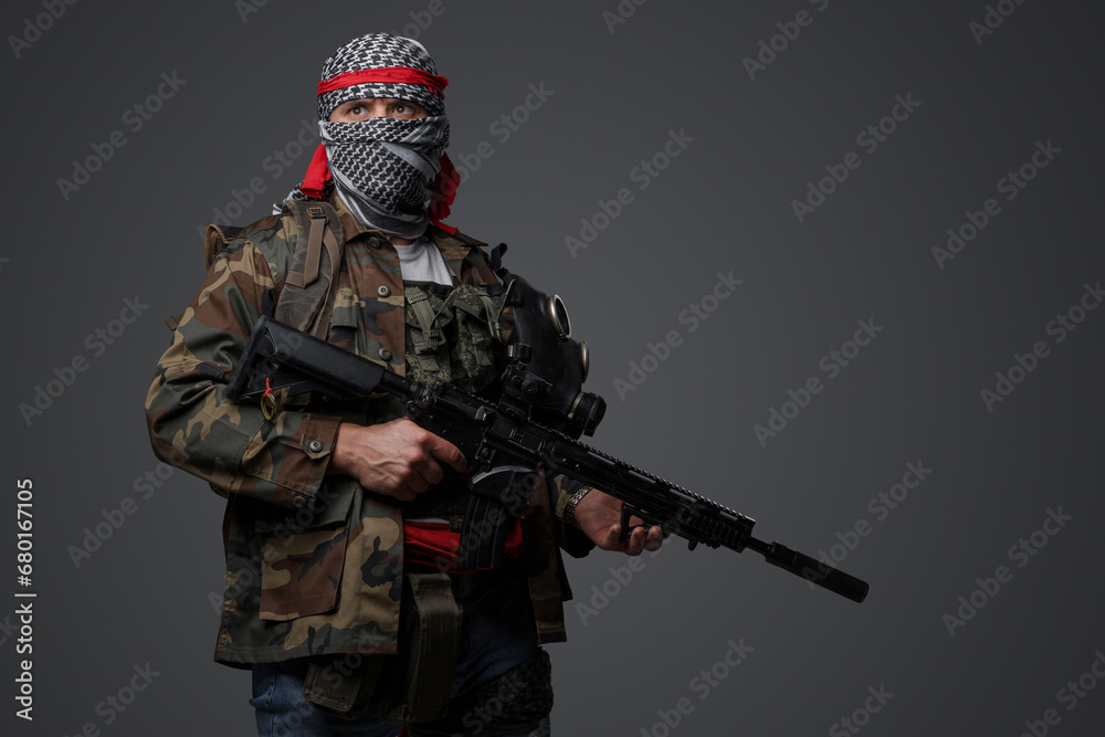 Middle Eastern radical fanatic soldier donning a white keffiyeh and ...