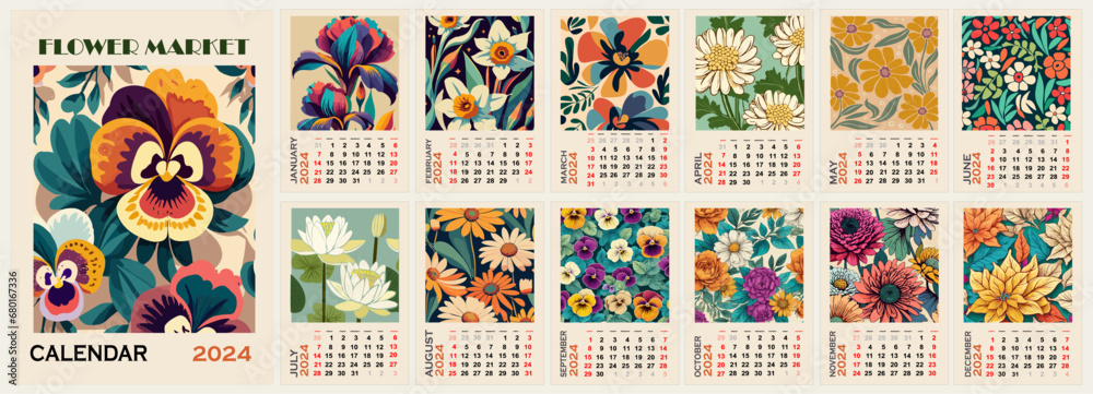 Floral calendar template for 2024. Vertical design with abstract Flower ...