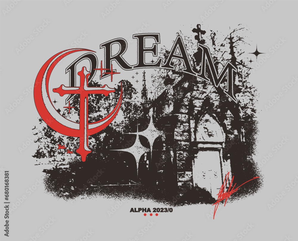 Gothic y2k print for clothing with a crypt and crosses. Retro church ...