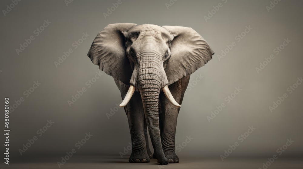 an elephant with tusks standing in front of a gray background with only ...