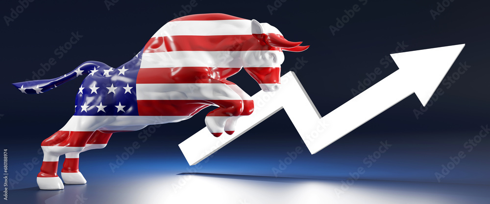 Horizontal banner of a bull with United States flag on plain empty ...