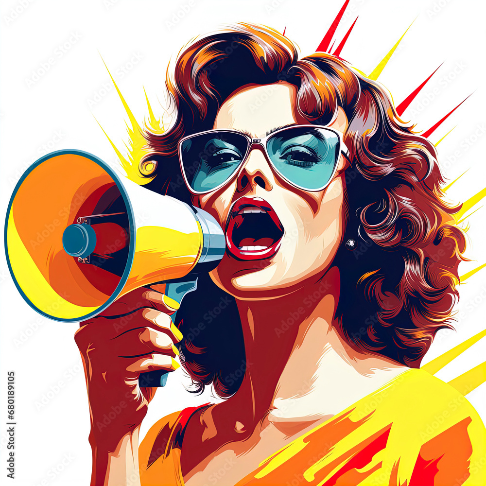 Wow pop art female face, beautiful surprised young woman in glasses ...