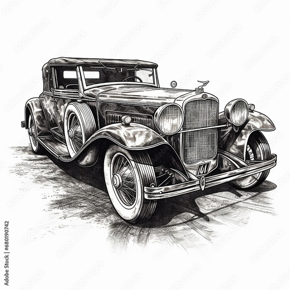 Vintage retro car, auto, black and white drawing, engraving style, for ...