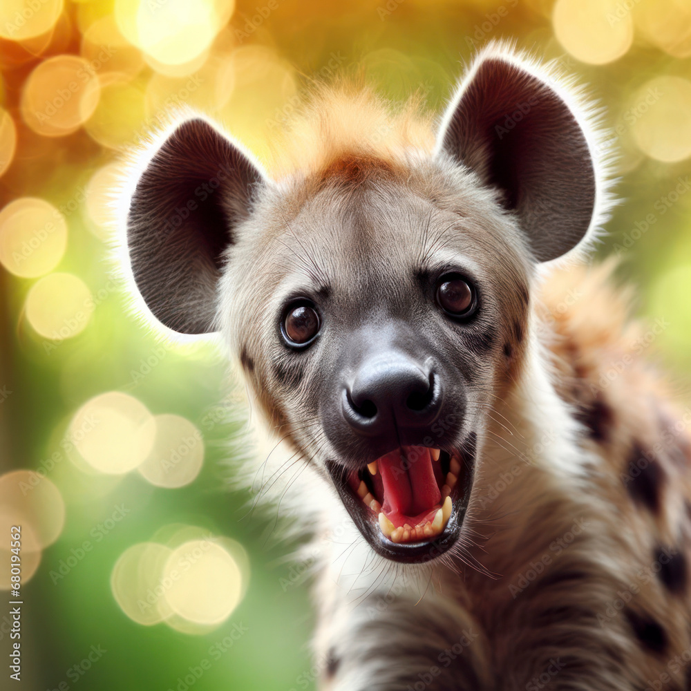 Photo of a Shocked real hyena on nature bokeh background. ai generative ...