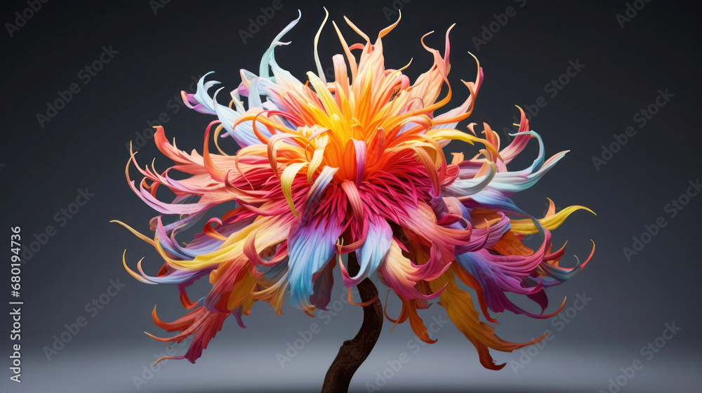 Dynamic multicolored flower with swirling tendrils against a subdued ...