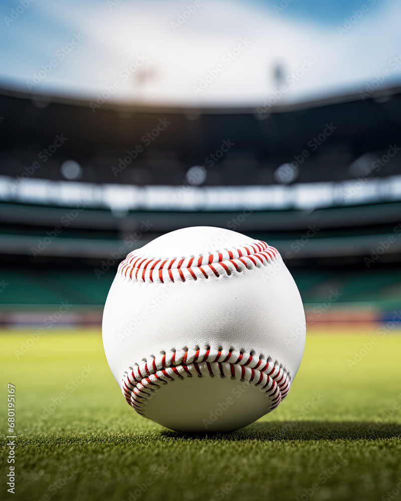 perfect baseball ball close up on a field isolated with a stadium in a ...