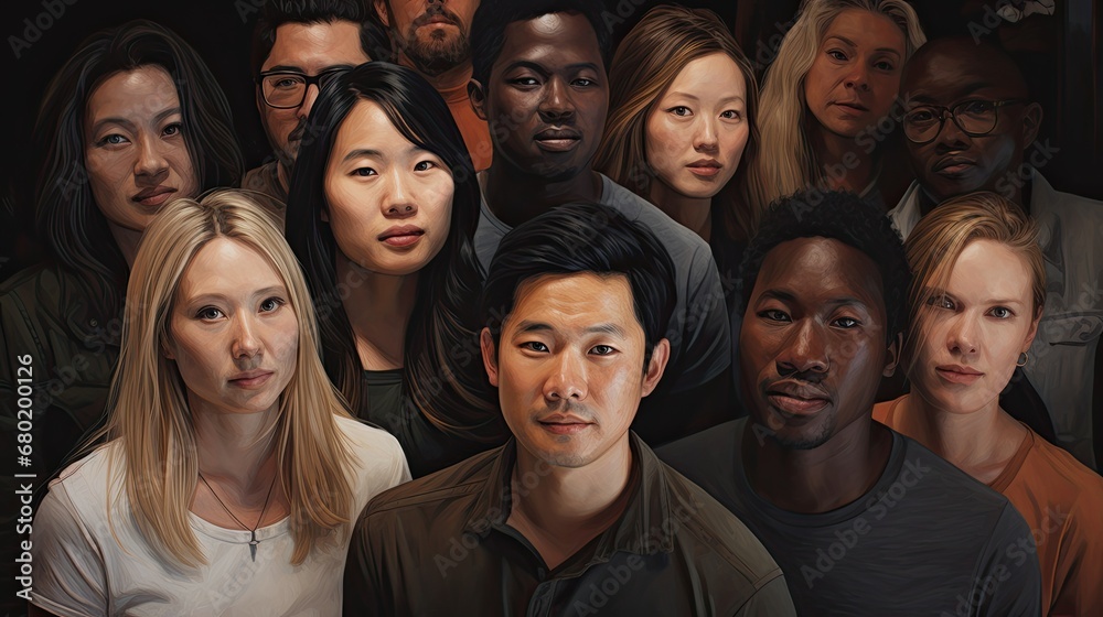 faces of men and women of different nationalities and ages on a black ...