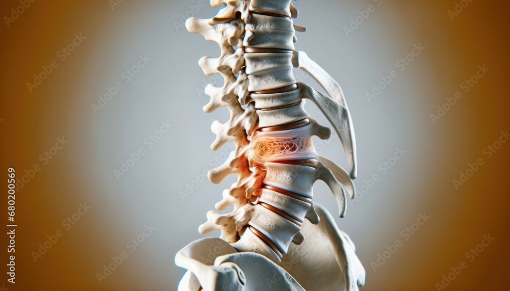 Human spine viewed from the side, with a detailed emphasis on a single ...