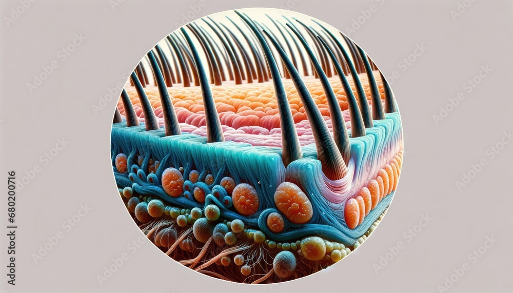 A macroscopic image showing the intricate structure of a human hair ...