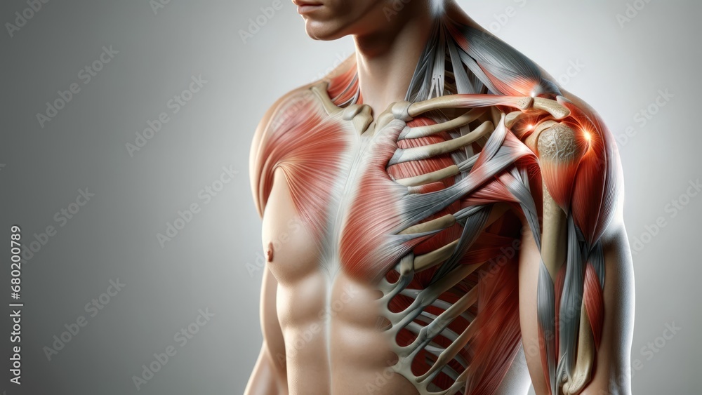 Shoulder joint, featuring an anatomical overlay that highlights the ...