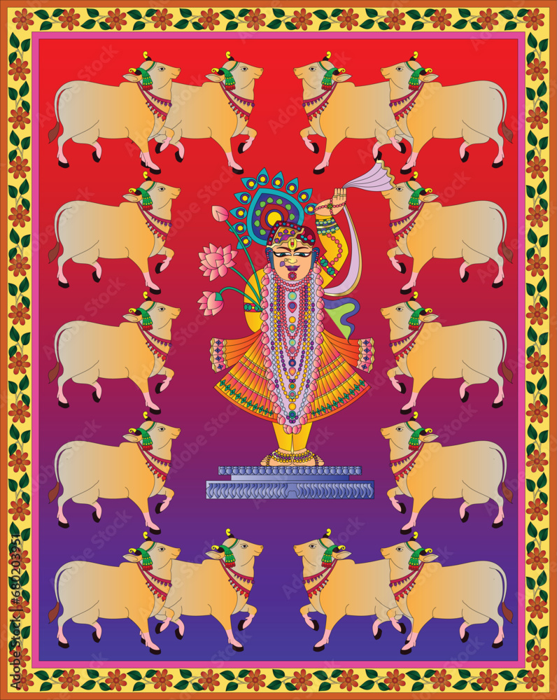Shrinathji, Jagannath, or Lord Krishna with cows, in Indian folk ...