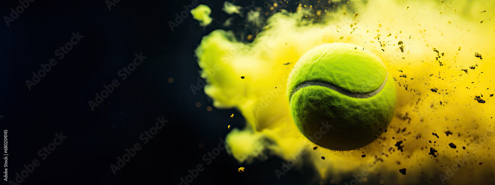 tennis ball flying through the air with an explosion of bright yellow ...