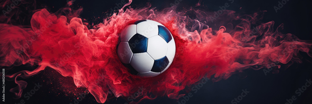 A soccer ball in a red smoke with a black background, abstract concept ...