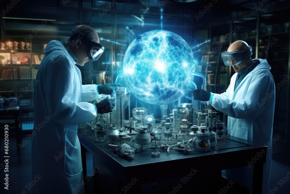 Science and technology concept. Double exposure of two scientists ...