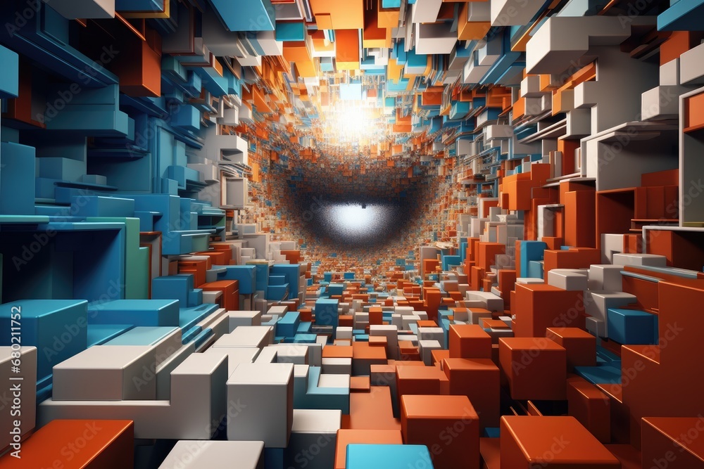 3d rendering of abstract background with blue and orange cubes in space ...
