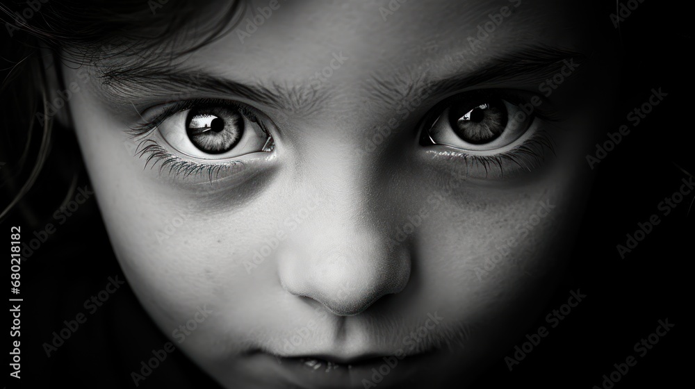 a black and white photo of a young girl's face with eyes wide open and ...